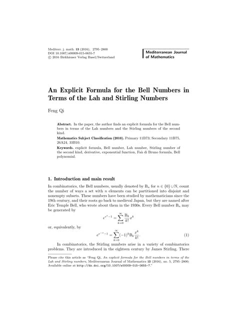 Pdf An Explicit Formula For The Bell Numbers In Terms Of The Lah And