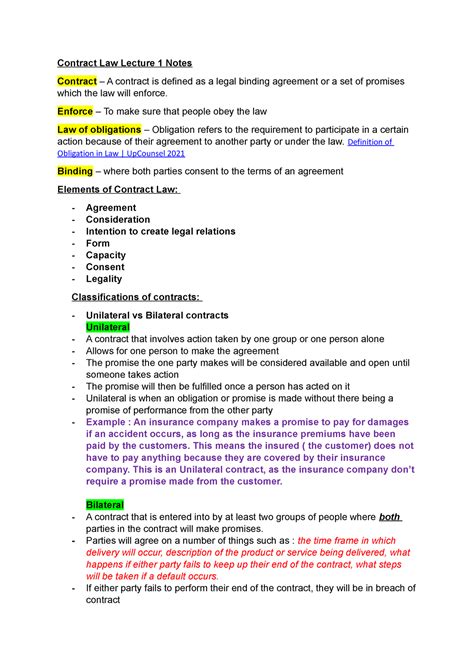 Contract Law Lecture Notes Contract Law Lecture 1 Notes Contract A