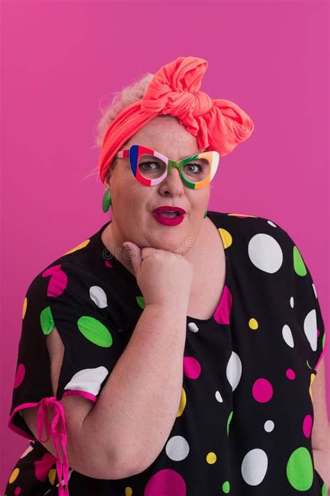 Happy Plus Size Woman Wearing Eyeglasses Smiling To Camera Standing