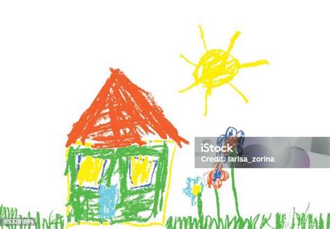 어린이 핸드 그린된 하우스 잔디 화려한 꽃과 태양 같은 왁 스 크레용 아이에 대한 스톡 벡터 아트 및 기타 이미지 아이