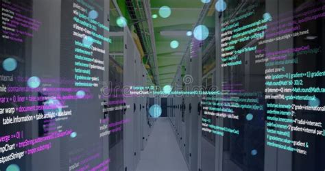 animation of falling lens flares and computer language over server room