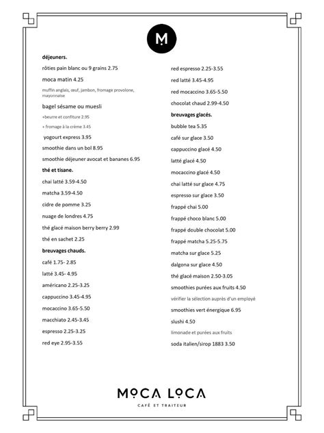 Menu Au Moca Loca Café Gatineau 799 Bd De La Gappe