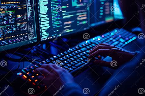 Brightly Lit Screens Show Complex Coding As An Individual Types Intently In A Darkened Workspace