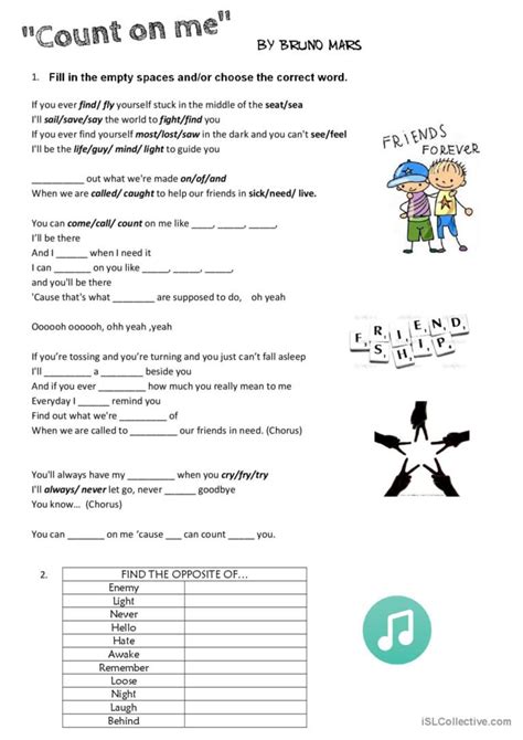 Count On Me Bruno Mars Song Worksh… English Esl Worksheets Pdf And Doc