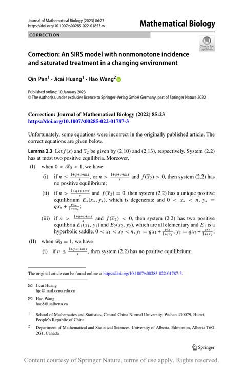 Correction An Sirs Model With Nonmonotone Incidence And Saturated