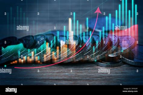 Stack Of Coins And Chart With Increasing Indicators High Income In Business Price Growth Stock