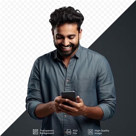 Premium PSD A Man Is Smiling And Looking At A Phone Screen