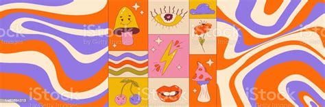복고풍 그루비 웨이브로 설정된 트리피 그래픽 포스터 입술 꽃 버섯 파도가 있는 포스터 광장 트리피 그루비 70년대 그래픽 만화