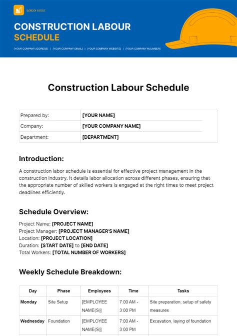 Free Construction Labour Schedule Template To Edit Online