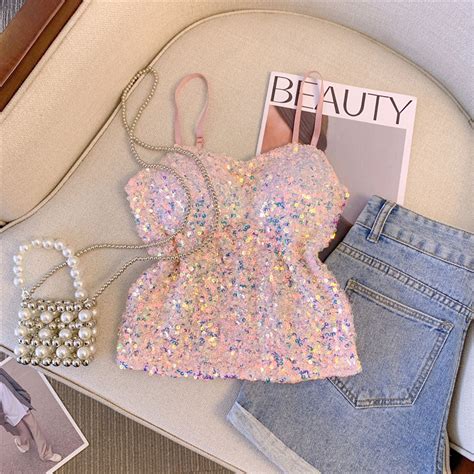 Sexy Chic Sequin Party Corset Bustier Off Shoulder Slim Tanks And Camis
