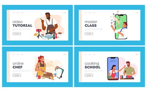 온라인 랜딩 페이지 템플릿 세트를 요리하는 사람들 남성과 여성 캐릭터는 음식을 준비하기 위해 인터넷을 사용합니다 십대에 대한 스톡 벡터 아트 및 기타 이미지 Istock