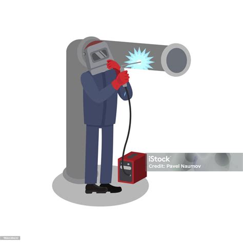 대형 철 파이프를 수리 하는 전문 용접기 남자 용접 기계를 사용 하 여입니다 노동자 보호 복장입니다 평면 벡터 디자인 날씨에
