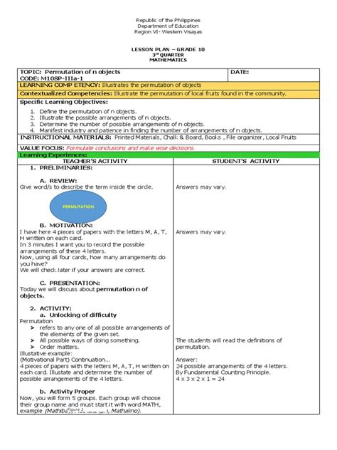 Math Lesson On Permutation Of Objects Pdf Permutation Lesson Plan