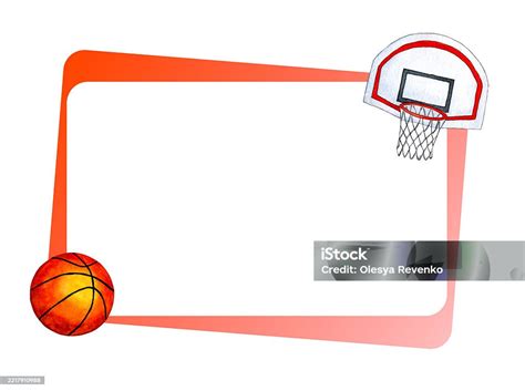 수채화 수평 스포츠 농구 프레임 주황색 공과 바구니 방패 스포츠 포스터를 위한 디자인 템플릿입니다 흰색 배경에 고립되어 있습니다 손으로 그린 것입니다 경쟁에 대한 스톡 벡터