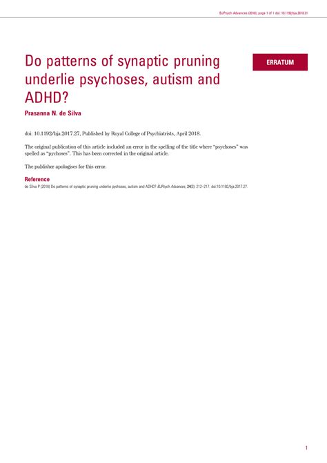 Pdf Do Patterns Of Synaptic Pruning Underlie Psychoses Autism And Adhd