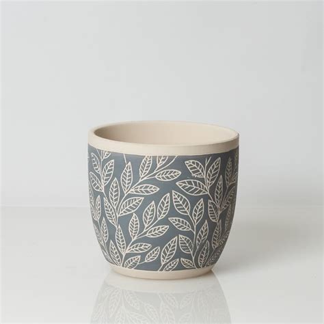 Leaf Decorated Pot 5 Inch Pot Gray Pot Leaf Planter Etched Pot