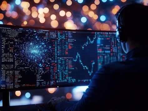 Person Analyzing Data With Multiple Monitors Showcasing Financial Charts And Digital Information