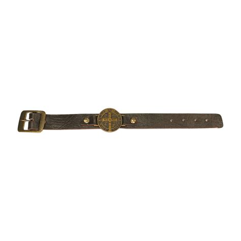 Pulseira de Couro Medalha de São Bento Marrom Lirio do Vale Distribuidora de Artigos Religiosos
