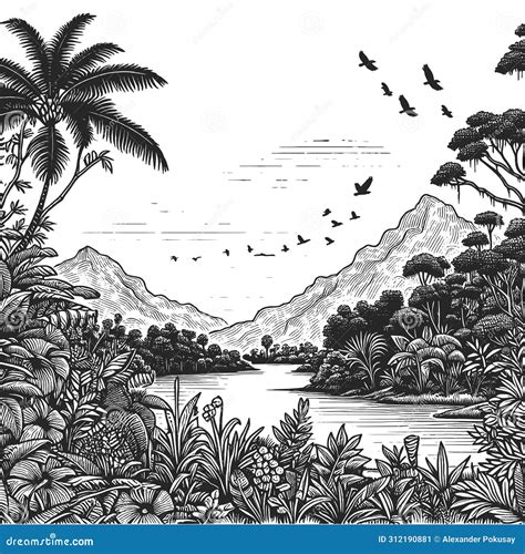 Tropical Landscape Engraving With Flora And Fauna Stock Image Image