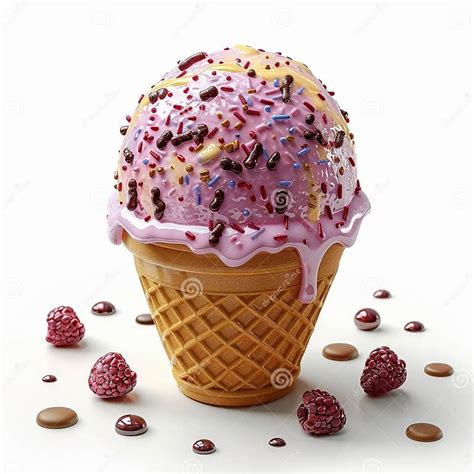 Melted 3d Ice Cream In A Waffle Cone Syrup Crumbs Caramel Stock