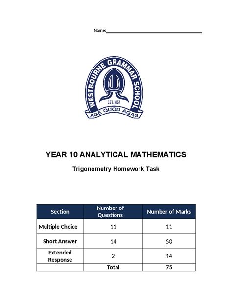 Year 10 Analytical Maths Trigonometry Homework Task And Solutions Studocu