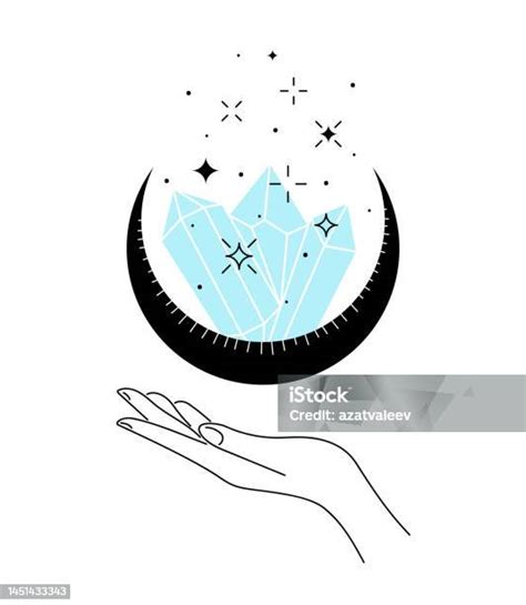 달과 별의 신비로운 천체 결정이 여자 손 위로 떠 있습니다 마녀 영성 보석 마법 또는 치유 미네랄 선형 기호입니다 난해한 문신