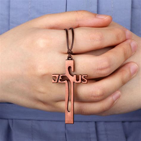 Holy Bronze Color Hollow Jesus Cross Pendant Necklace Wax Cord