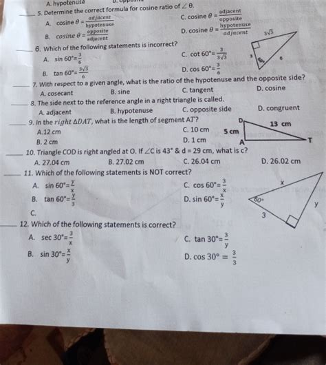 Solved A Hypotenuse 5 Determine The Correct Formula For Cosine Ratio
