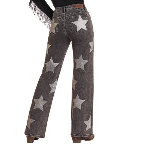 Womens High Rise Star Print Relaxed Flare Jeans Rock And Roll Denim