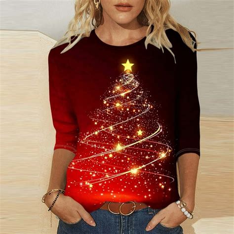 Cavosen Christmas Womens Tops Casual 34 Sleeve Sparkling Xmas Cute
