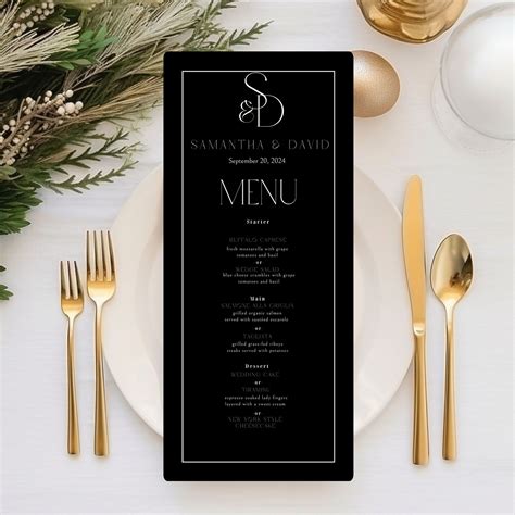 Modern Black And White Monogram Wedding Menu Template Canva Editable