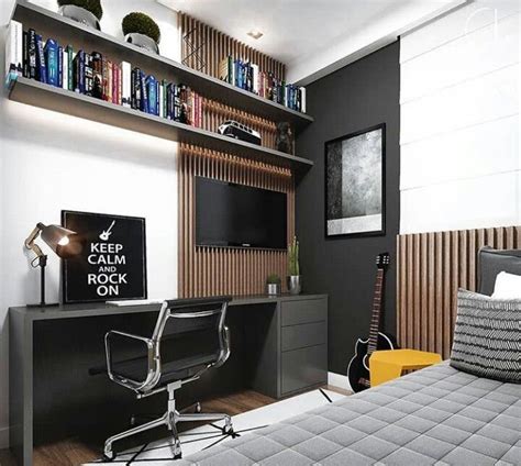 Minimalist Mens Bedroom With Floating Desk And Bookshelf Decoração