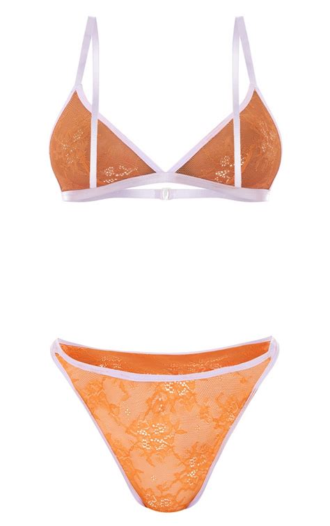 Orange Contrast Binding Lace Bralette Thong Set Lingerie And Nightwear