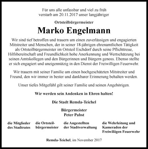 Traueranzeigen Von Marko Engelmann Trauer In Thueringen De