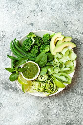 채식주의 석 회와 Pesto 소스 아보카도 호박 국수 녹두 Spiralized 오이 토마토 브로콜리 부처님 그릇을 해독 상위 뷰