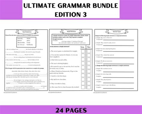 Grammar Worksheet Bundle Volume 3 Interjection Article Sentence Type