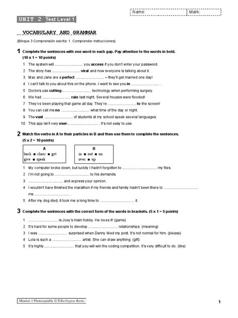 01mindset1 Unit2 Test Vocabulary Grammar Pdf Syntax Languages