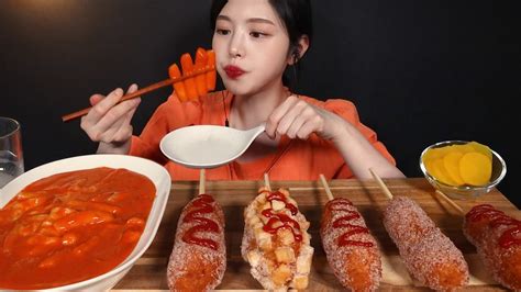 SUB 명랑핫도그 신메뉴 로제떡볶이 먹방 로제핫볶이세트 꿀조합 리얼사운드 Cheese Rosé Tteokbokki Corn
