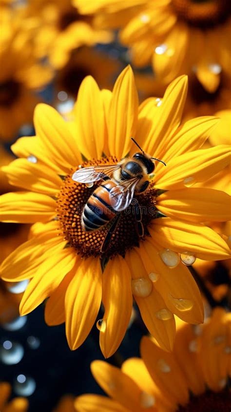 Bee On Sunflower Collecting Nectar Vibrant Nature Scene Stock