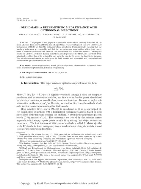 Abramson Et Al 2009 Orthomads A Deterministic Mads Instance With Orth Pdf Basis Linear