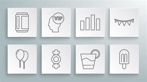 리본 Vip 내부 머리 사탕 칵테일 아이스크림 음악 이퀄라이저 카니발 화환 플래그와 맥주 아이콘 라인 풍선을 설정합니다 벡터 갈란드 장식품에 대한 스톡 벡터 아트 및 기타