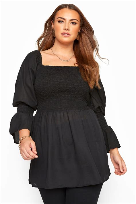 Black Shirred Square Neck Smock Top Yours Clothing