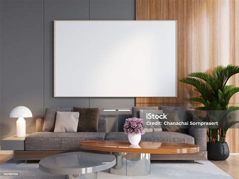 현대적인 인테리어 거실 나무 바닥 콘크리트 벽 배경 스칸디나비아 스타일 로프트 스타일 3d 렌더링의 포스터 프레임 조롱 0명에 대한 스톡 사진 및 기타 이미지 Istock