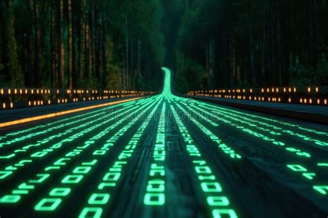 Futuristic Digital Highway Glowing Binary Code Road Through Forest Stock Illustration
