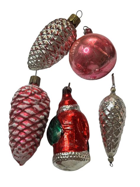 Rare Set Of Five Mercury Glass Christmas Ornament Vintage 1930s For