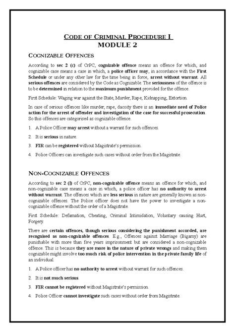 Cr Pc Module 2 Notes For Crpc Code Of Criminal Procedure I Module 2 Cognizable Offences