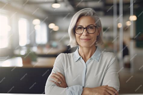 Premium Ai Image A Woman With Grey Hair And Glasses Stands In A Room