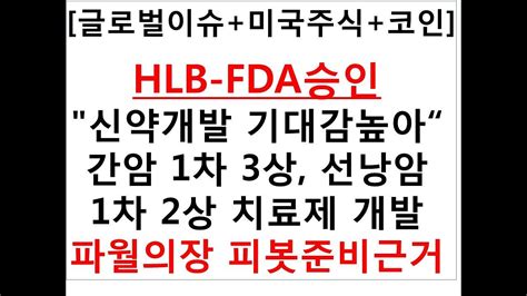글로벌이슈 미국주식 코인 HLB FDA승인 신약개발 기대감높아간암 1차 3상 선낭암 1차 2상 치료제 개발파월의장 피봇준비
