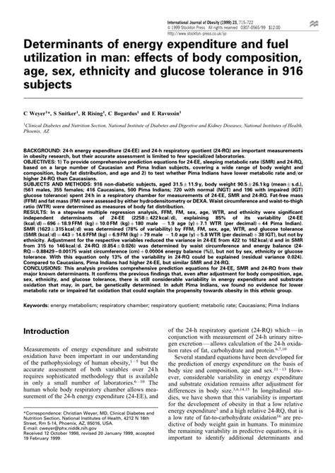 Pdf Determinants Of Energy Expenditure And Fuel Utilization In Man