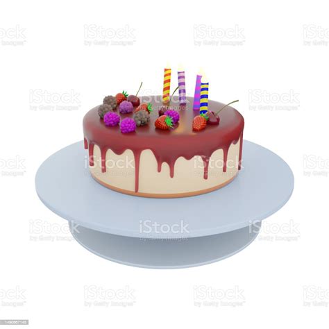 과일 유약과 촛불 아이콘이 있는 열매가 있는 3d 렌더링 케이크 3d는 달콤한 맛 아이콘으로 식욕을 돋우는 요리 된 생일 케이크를 렌더링합니다 과일 유약과 촛불이 든 열매